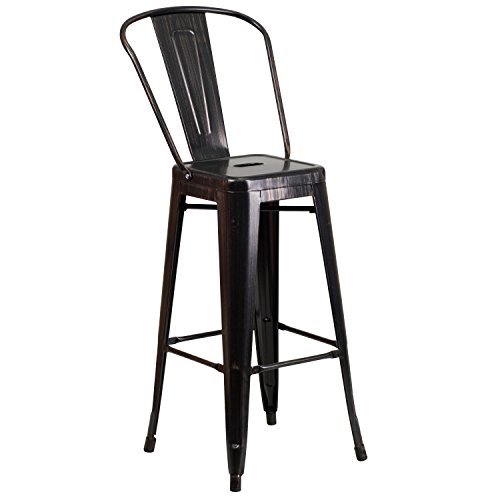 EMMA + OLIVER Commercial Grade 30" H Black-Gold Metal Indoor-Outdoor Barstool with Back