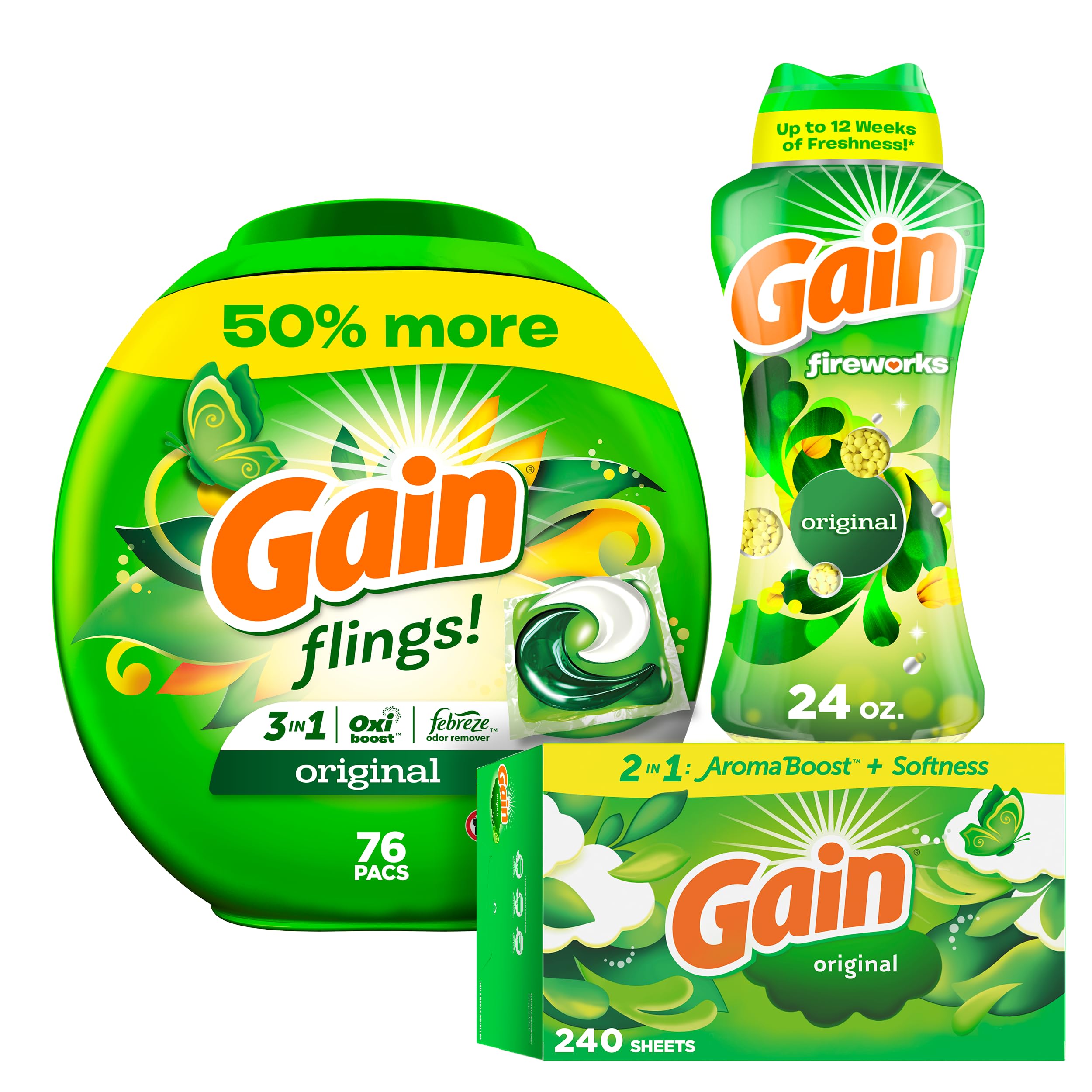 Gain Orignal Bundle: Gain flings Laundry Detergent Soap Pacs, 76 Count + Fireworks In-Wash Scent Booster Beads, 24 oz + Gain Dryer Sheets Laundry Fabric Softener, 240 Count