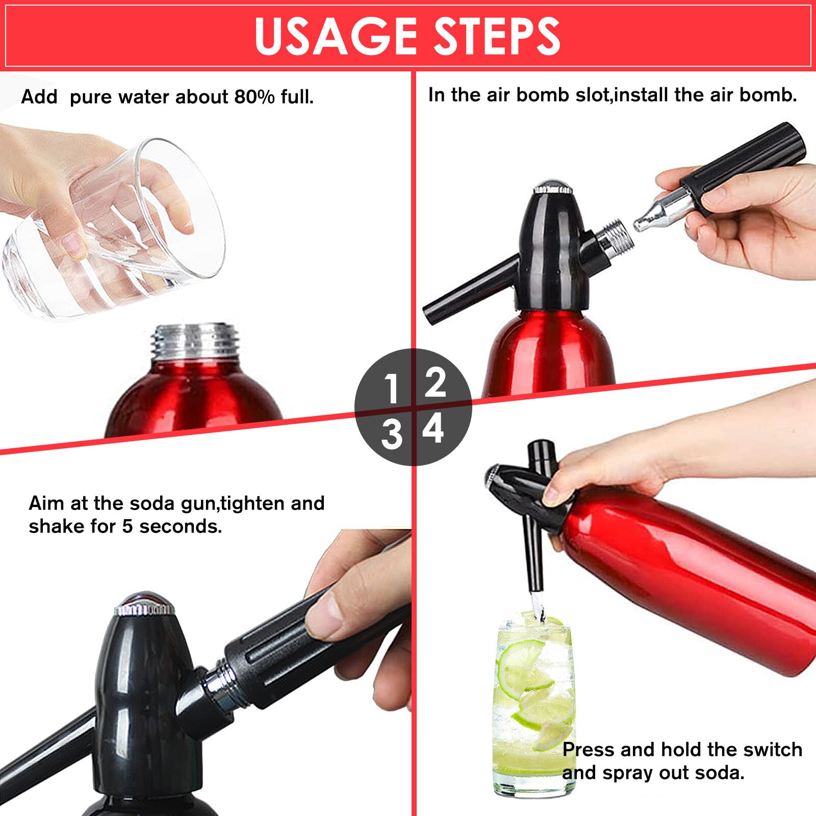 Kawlity Soda Siphon Sparkling Water Homemade DIY Drink Maker Innovative Aluminum Durable Red with Capacity of 1 Liter Seltzer for Home Kitchen Bar Club