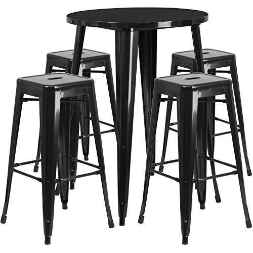 Flash Furniture 30'' Round Black Metal Indoor-Outdoor Bar Table Set with 4 Square Seat Backless Stools
