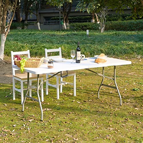 DlandHome Folding Table 6ft, Heavy Duty Plastic Foldable Table with Handle,Plastic Dining Table Indoor Outdoor for Camping, Picnic and Party,Fold-in-Half,White