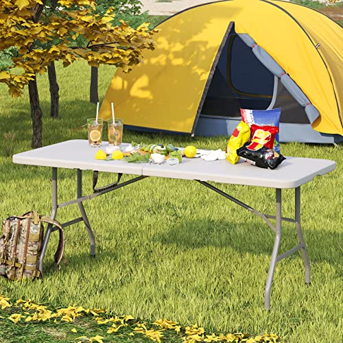 DlandHome Folding Table 6ft, Heavy Duty Plastic Foldable Table with Handle,Plastic Dining Table Indoor Outdoor for Camping, Picnic and Party,Fold-in-Half,White