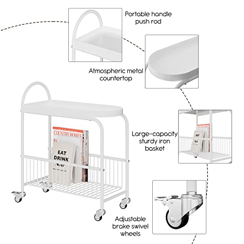 AEPOALUA Bar Cart, Mini Bar Cartwith Magazine Holder, Modern Two Tier Silver Bar Cart for Bedroom,Bathroom, Kitchen,Indoor, Patio White