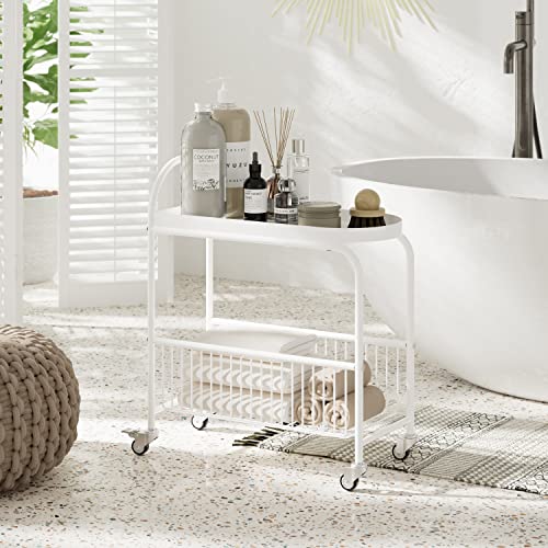 AEPOALUA Bar Cart, Mini Bar Cartwith Magazine Holder, Modern Two Tier Silver Bar Cart for Bedroom,Bathroom, Kitchen,Indoor, Patio White
