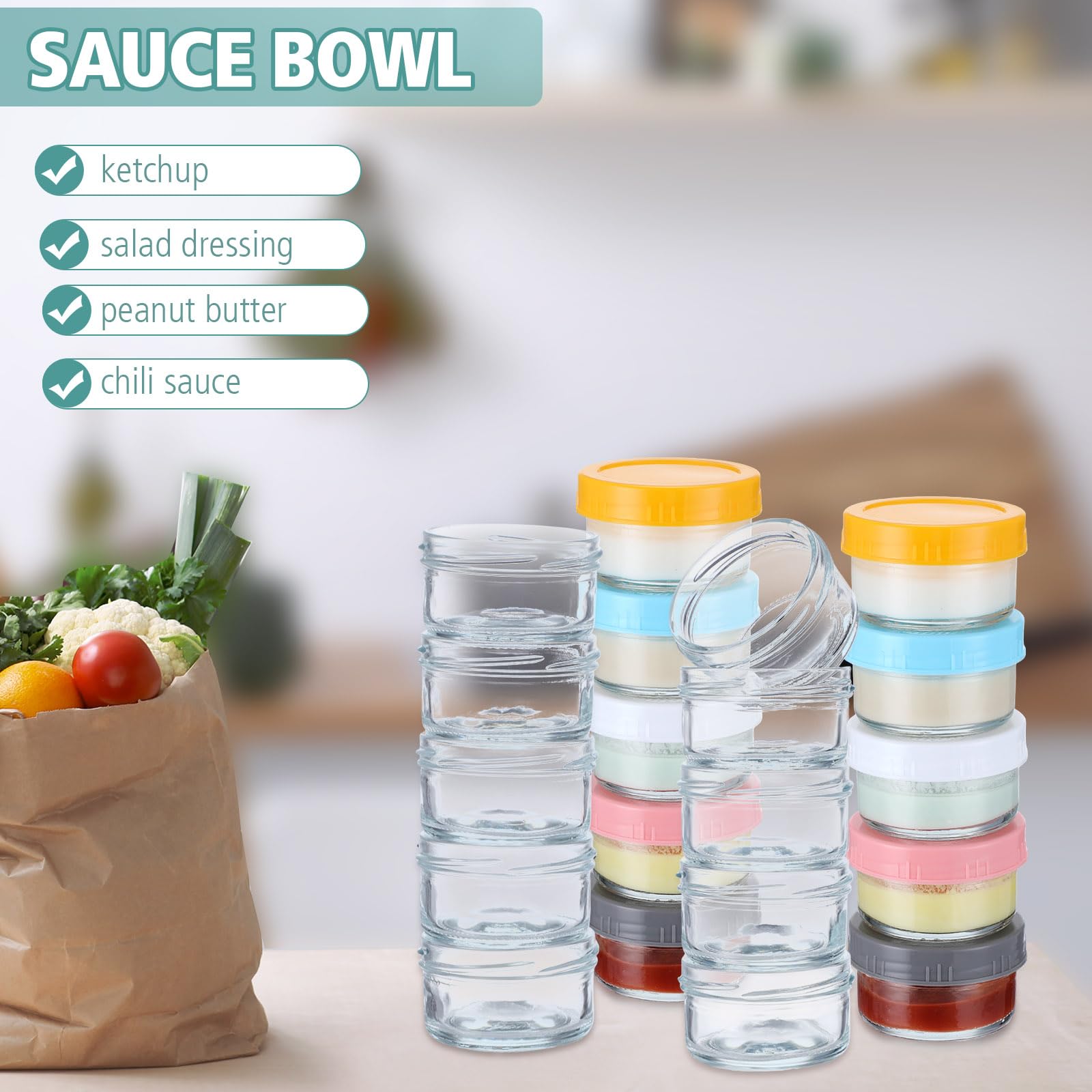 Uiifan 20 Pcs Salad Dressing Container with Screw Lids 1.3 oz Mini Reusable Glass Condiment Containers Leakproof Small Mason Jars Airtight Dipping Sauce Cups Set for Food Storage Lunch Box Work Trip