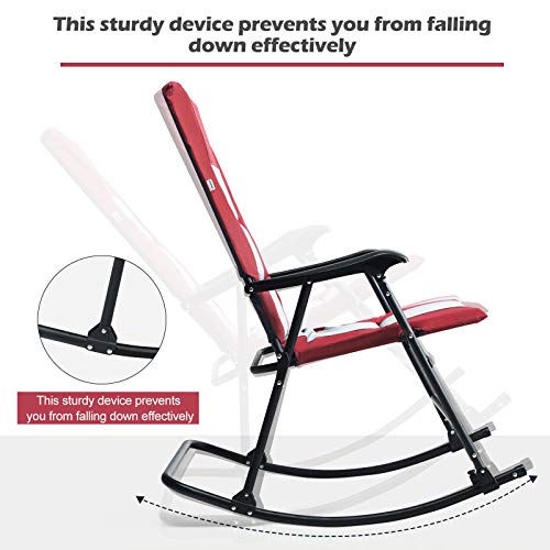 Tangkula Folding Rocking Chair, Foldable Camping Rocking Chair with Padded Seat High Back & Armrest, Support 350 lbs, Portable Chair for Indoor Outdoor Patio Lawn Backyard (1, Red)