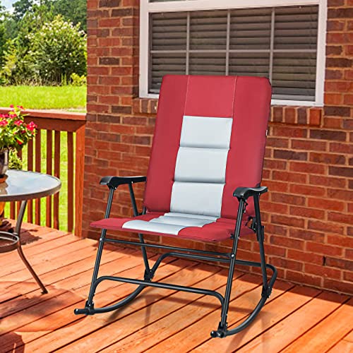 Tangkula Folding Rocking Chair, Foldable Camping Rocking Chair with Padded Seat High Back & Armrest, Support 350 lbs, Portable Chair for Indoor Outdoor Patio Lawn Backyard (1, Red)