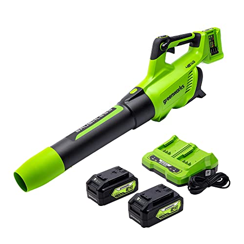 Greenworks 48V (2 x 24V) Brushless Cordless Axial Blower (140 MPH / 585 CFM), (2) 4.0Ah USB Batteries (USB Hub) and Dual Port Rapid Charger Included)