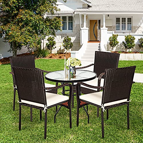Tangkula Set of 4 Patio Dining Chairs, All Weather Stackable Rattan Chairs with Removable Cushions and Armrests, Outdoor Bistro Wicker Dining Chair Set for Balcony Poolside Backyard (Brown)