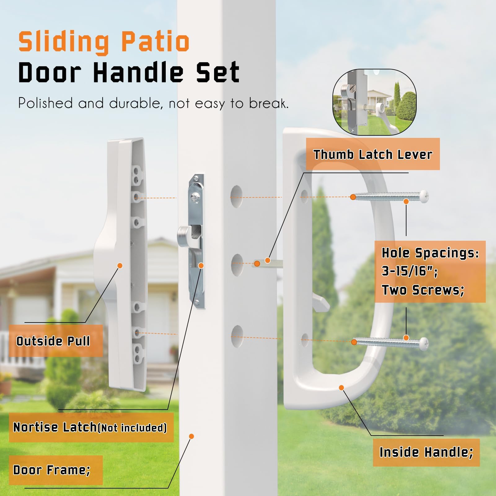 Sliding Door Handle, Non-Keyed Sliding Patio Door Handle Set with Latch for 3-15/16” Hole Spacing for Mortise Style Locks, Non-Handed, Sliding Glass Door Handles Replacement, White