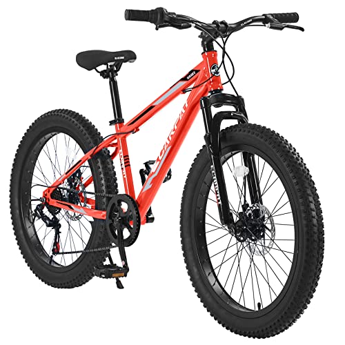 ZLECTIO Mountain Bike for Men and Women with 7 Speeds, 24 Inch Fat Tire Bikes with Front Suspension and High-Carbon Steel Frame, Orange Adult/Teenanger Road Bicycle for Outdoor Camping Riding