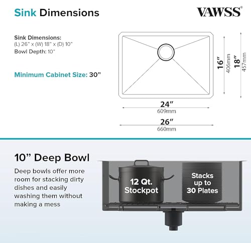Undermount Kitchen Sink - VAWSS 26x18x10 Inch Kitchen Sink 16 Gauge Stainless Steel Single Bowl Sink with Strainer & Bottom Grid, Handmade Small Bar Sink, Undermount Kitchen Sink 26 inch