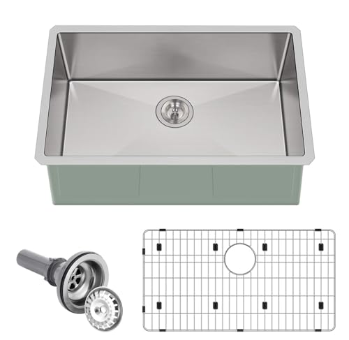 Undermount Kitchen Sink - VAWSS 26x18x10 Inch Kitchen Sink 16 Gauge Stainless Steel Single Bowl Sink with Strainer & Bottom Grid, Handmade Small Bar Sink, Undermount Kitchen Sink 26 inch