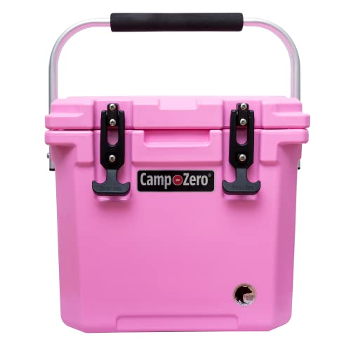 CAMP-ZERO 12 | 12.6 Qt. Cooler with 2 Molded-in Cup Holders & Folding Aluminum Handle | Thick Walled, Freezer Grade Cooler with Secure Locking System & Tie Down Channels (Pink)