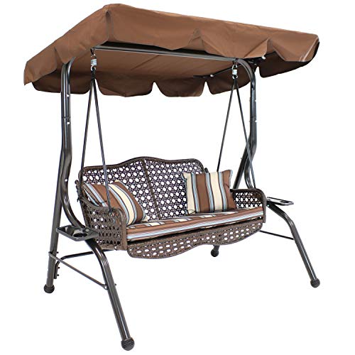 Sunnydaze 2-Seater Outdoor Rattan Patio Swing with Adjustable Tilt Canopy, Striped 2 Pillows and Seat Cushion, Brown