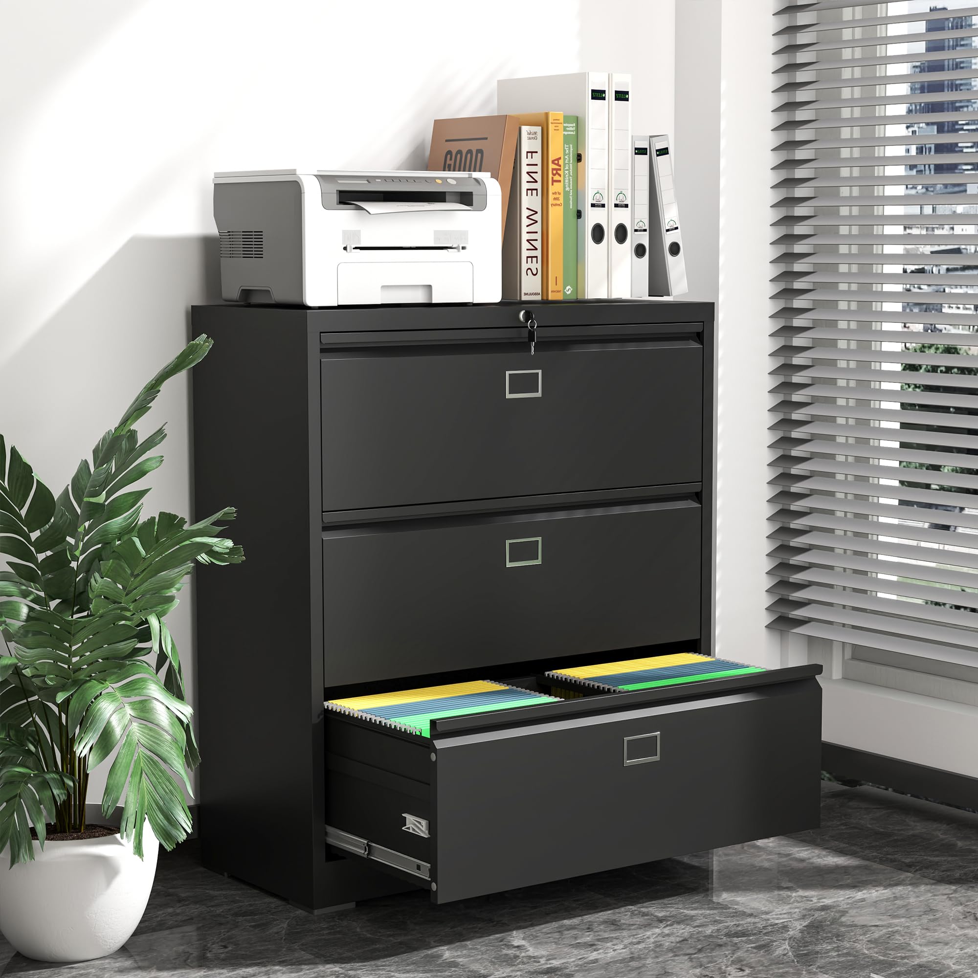 VIYET Lateral File Cabinet with Lock,3 Drawer Metal File Cabinets, Home Office Storage Cabinet for Hanging Files Letter/Legal/F4/A4 (Black)