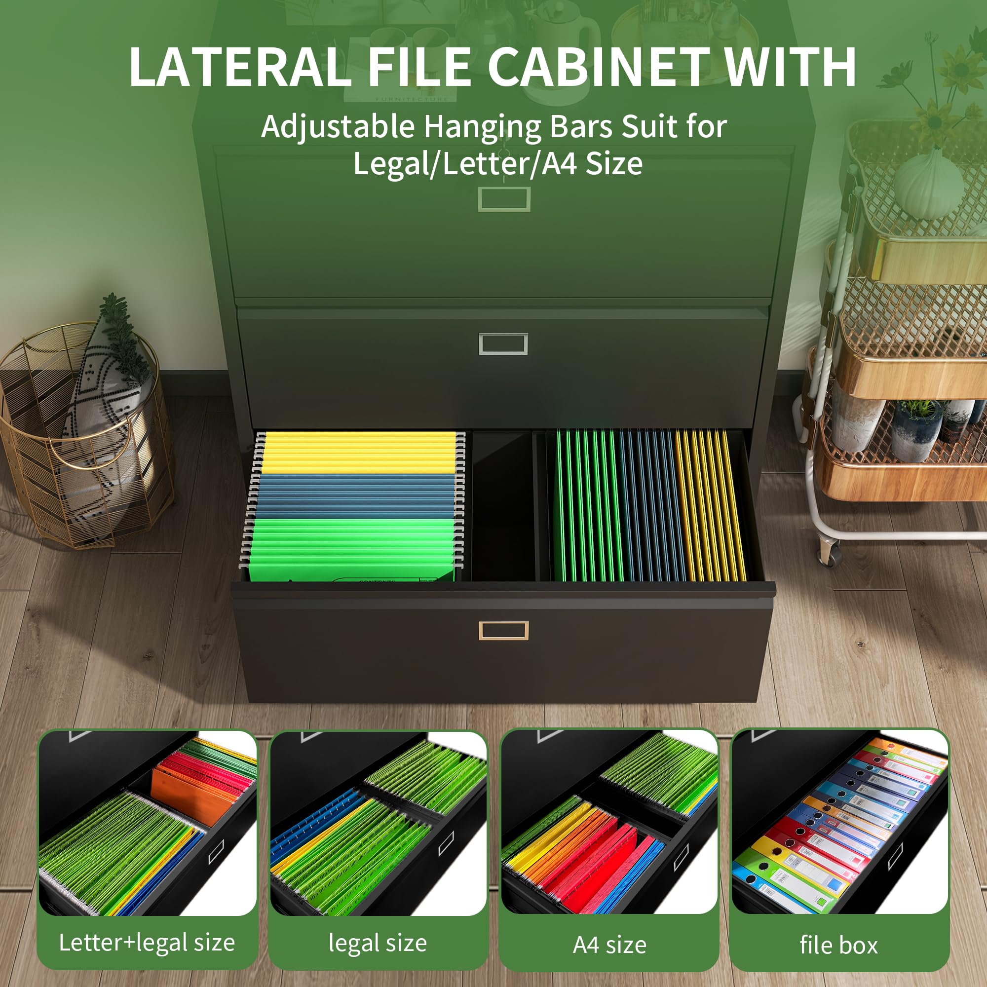 VIYET Lateral File Cabinet with Lock,3 Drawer Metal File Cabinets, Home Office Storage Cabinet for Hanging Files Letter/Legal/F4/A4 (Black)