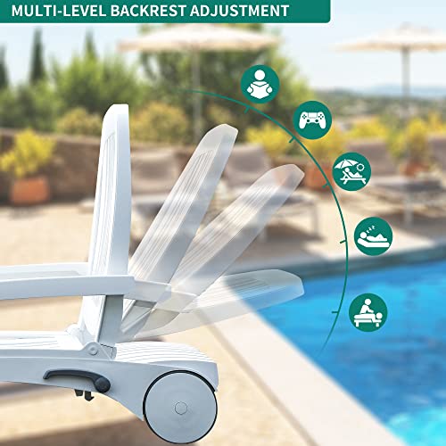 YITAHOME Outdoor Folding Chaise Lounge Chair with 6 Adjustable Backrests, Foldable Poolside Lounger with Wheels, Plastic Recliner for Patio, Beach,Easy Assembly, Lightweight, Waterproof, White (1)
