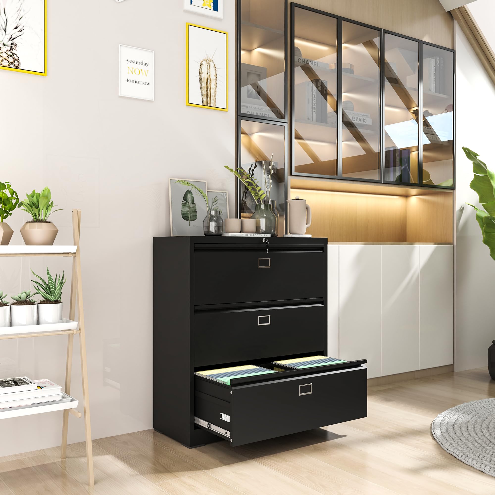 VIYET Lateral File Cabinet with Lock,3 Drawer Metal File Cabinets, Home Office Storage Cabinet for Hanging Files Letter/Legal/F4/A4 (Black)