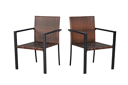 BTEXPERT Two Tone Brown Outdoor Patio PE Rattan Wicker Set of 2 Chairs for Garden Dining Firepit Lawn Backyard Porch Deck Armrest Frame, Steel Conversation Accent Furniture armchairs