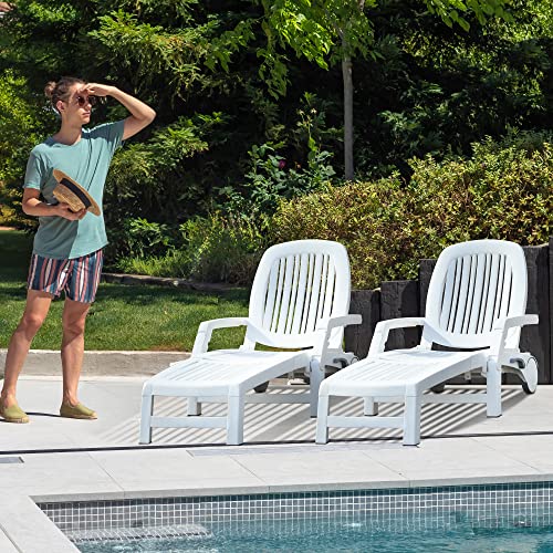 YITAHOME Outdoor Folding Chaise Lounge Chair with 6 Adjustable Backrests, Foldable Poolside Lounger with Wheels, Plastic Recliner for Patio, Beach,Easy Assembly, Lightweight, Waterproof, White (1)