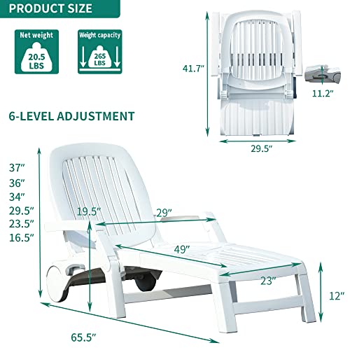 YITAHOME Outdoor Folding Chaise Lounge Chair with 6 Adjustable Backrests, Foldable Poolside Lounger with Wheels, Plastic Recliner for Patio, Beach,Easy Assembly, Lightweight, Waterproof, White (1)