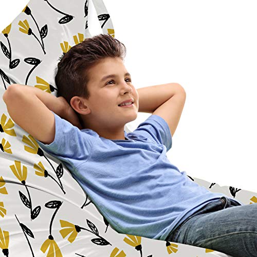 Lunarable Flower Lounger Chair Bag, Scribbled Randomly Hand Drawn Like Garden Elements Paintbrush Artwork, High Capacity Storage with Handle Container, Lounger Size, Charcoal Grey Dark Yellow