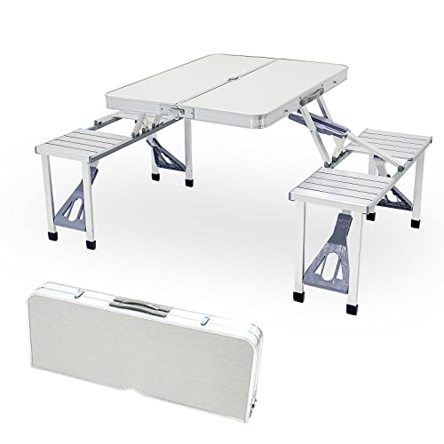 Carivia Aluminum Foldable Table Camping Picnic Folding Grilling Table w/ 4 Chairs Seats Umbrella Hole Fold Up Suitcase Table for Travel Picnic Camping BBQ Party