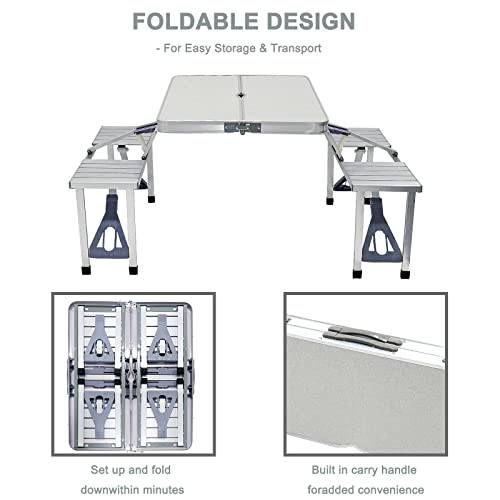 Carivia Aluminum Foldable Table Camping Picnic Folding Grilling Table w/ 4 Chairs Seats Umbrella Hole Fold Up Suitcase Table for Travel Picnic Camping BBQ Party