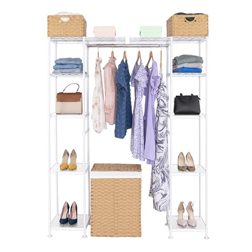 Seville Classics Closet Garment Organizer with Metal Hanging Rod Wardrobe Storage System, w/ Steel Shelves for Clothes, Shirts, Jackets, Coats, Blankets, Shoes, White, Expandable Rack
