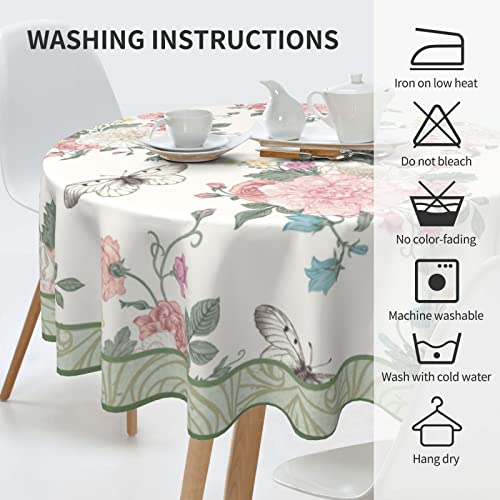 Round Tablecloth 60 Inch, Spring Floral Butterfly Green White Table Cloth for Rustic Farmhouse Kitchen Decor, Waterproof Wipeable Polyester Fabric Table Cover for Holiday Party Outdoor Camping Picnic