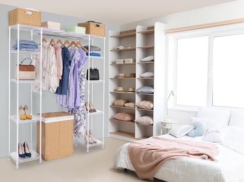Seville Classics Closet Garment Organizer with Metal Hanging Rod Wardrobe Storage System, w/ Steel Shelves for Clothes, Shirts, Jackets, Coats, Blankets, Shoes, White, Expandable Rack