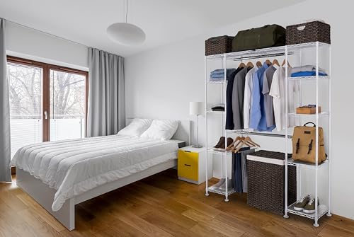 Seville Classics Closet Garment Organizer with Metal Hanging Rod Wardrobe Storage System, w/ Steel Shelves for Clothes, Shirts, Jackets, Coats, Blankets, Shoes, White, Expandable Rack