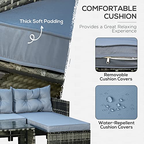 Outsunny 3 Piece Patio Furniture Set, Rattan Outdoor Sofa Set with Chaise Lounge & Loveseat, Soft Cushions, Tempered Glass Table, L-Shaped Sectional Couch, Light Gray