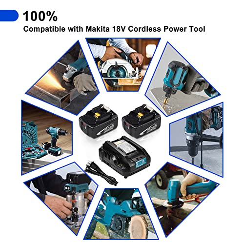 【18 Volt 6.0Ah BL1860B】 2Packs Replacement Battery and Charger for Makita 18V Battery Lithium BL1860 BL1850 BL1845 BL1840 BL1830 BL1820 BL1815 BL1860B Battery + 1 Charger for Makita 14.4v-18V Battery