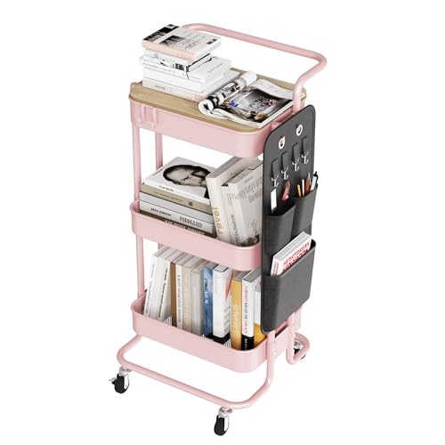 DTK 3 Tier Metal Utility Rolling Cart with Table Top and Side Bags, Metal Tray Storage Organizer Cart with Wheels, Art Craft Cart with 4 Hooks for Kitchen Bathroom Office Living Room (Pink)