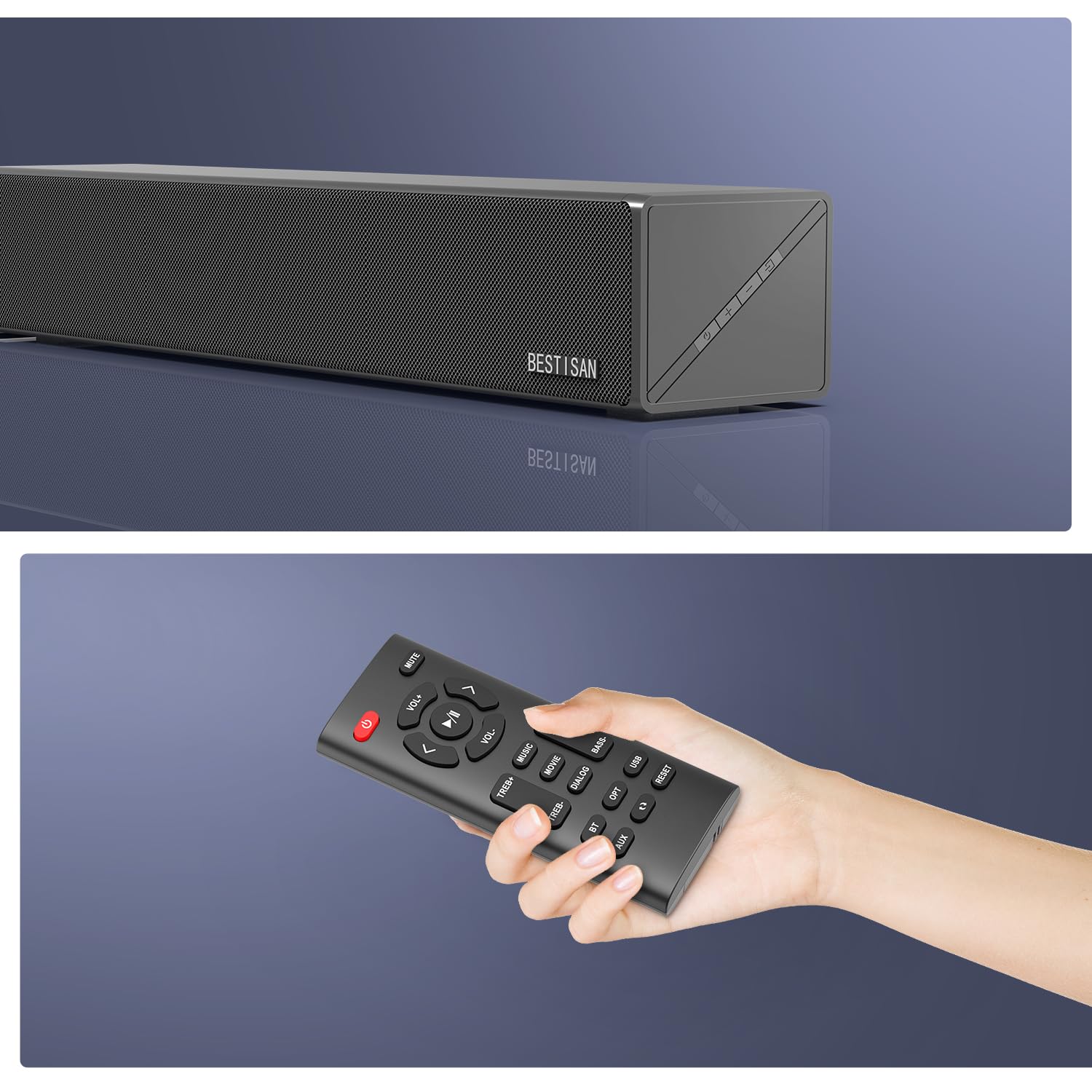 BESTISAN Sound Bars for TV, 16.5 Inches Sound Bar with Optical, AUX, USB and Bluetooth Inputs, Soundbar for TV(DSP, TREB and Bass Adjustable, Cyclic Switching Mode,Reset Function