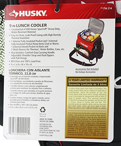 Husky 82021N11 9" 600 Denier Water and Weather Resistant Insulated Cooler with 2 Mesh Sleeves and Carrying Strap