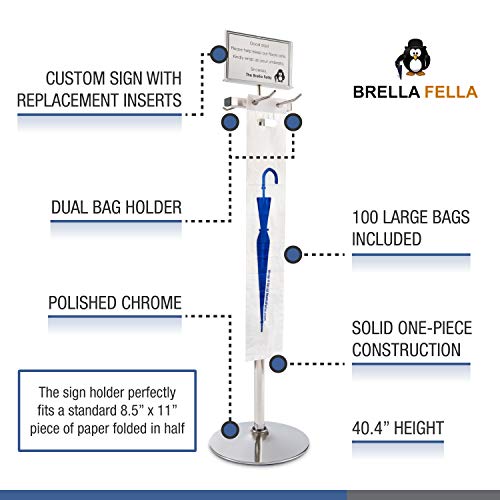 Brella Fella Umbrella Bag Wrapper Station with Sign Frame - Wrap Umbrellas for Rain - Be Safe, Wrap it up! - 100 Long Bags Included