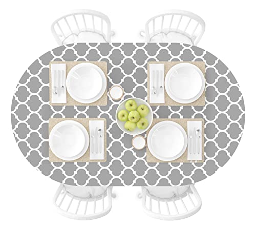 UMINEUX Oval Fitted Vinyl Tablecloth with Elastic Edged & Flannel Backing, Waterproof Wipeable Oval Table Cover - Fits Tables up to 42"X68" (Gray Moroccan)