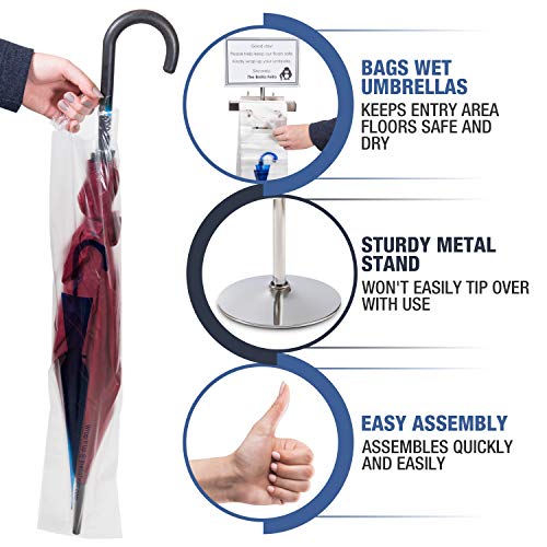 Brella Fella Umbrella Bag Wrapper Station with Sign Frame - Wrap Umbrellas for Rain - Be Safe, Wrap it up! - 100 Long Bags Included
