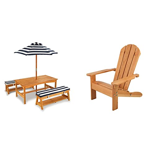 KidKraft Outdoor Wooden Table & Bench Set with Cushions and Umbrella, Kids Backyard Furniture, Navy and White Stripe Fabric & Wooden Adirondack Children's Outdoor Chair, 3-8 21.5 x 19.2 x 24.5