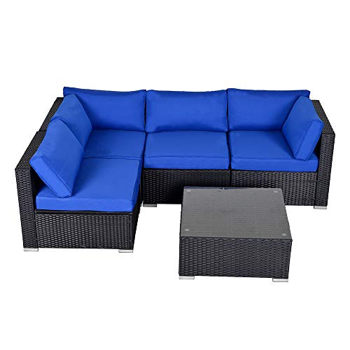 SUNVIVI OUTDOOR 5 Piece Patio Furniture Sets, All-Weather Black Wicker Rattan Outdoor Sectional Couch Sofa with Coffee Table & Washable Removable Navy Blue Cushions