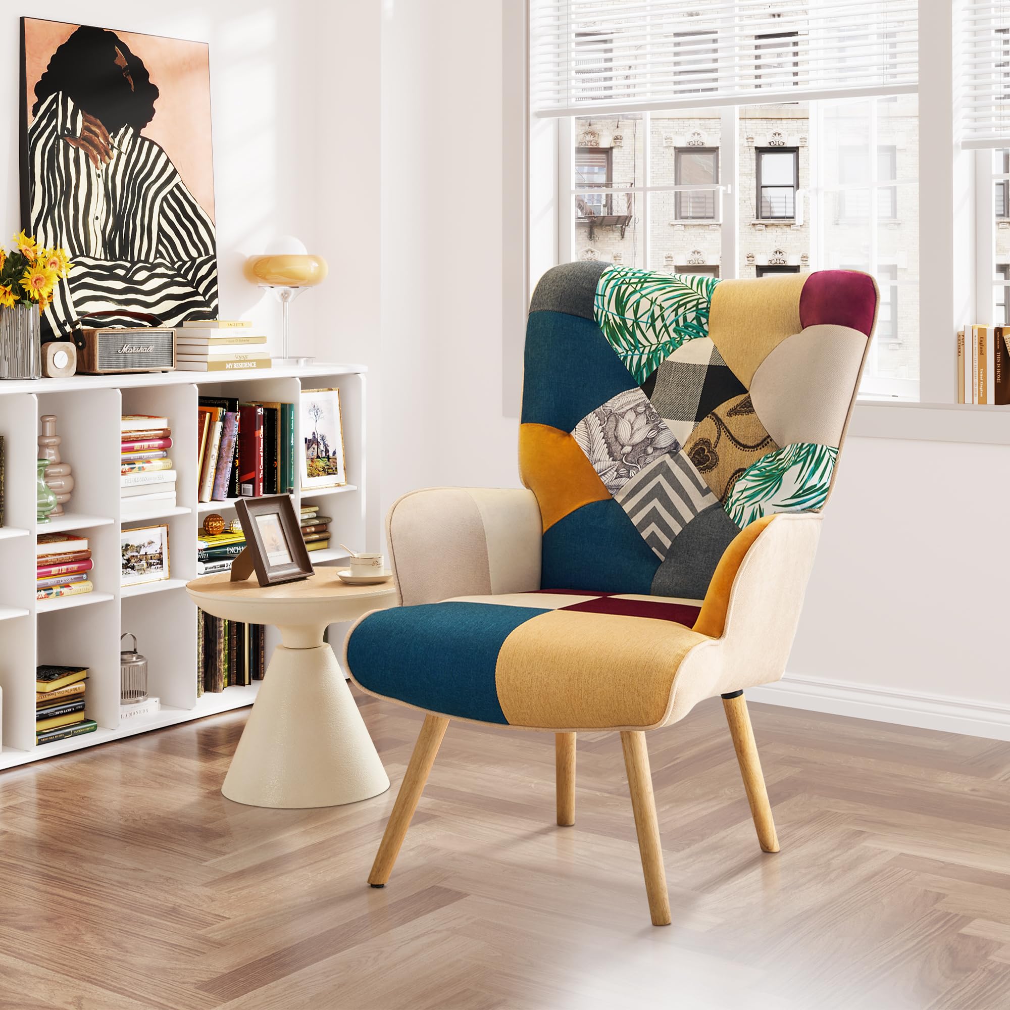 Fahomiss Accent Chair, Living Room Chair, Modern High Back Armchair, Colorful Patchwork Reading Chairs for Bedroom, Lounge Chair with Linen Fabric Shell and Solid Wood Feets (1, Colorful)