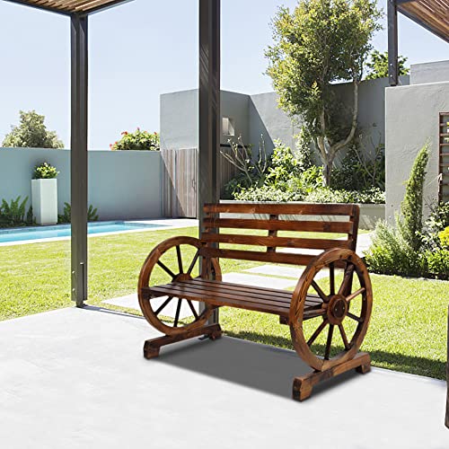 Volowoo Wooden Wagon Wheel Bench,Rustic 2-Person Wooden Seat Wagon Wheel Bench with Slatted Seat and Backrest, Brown