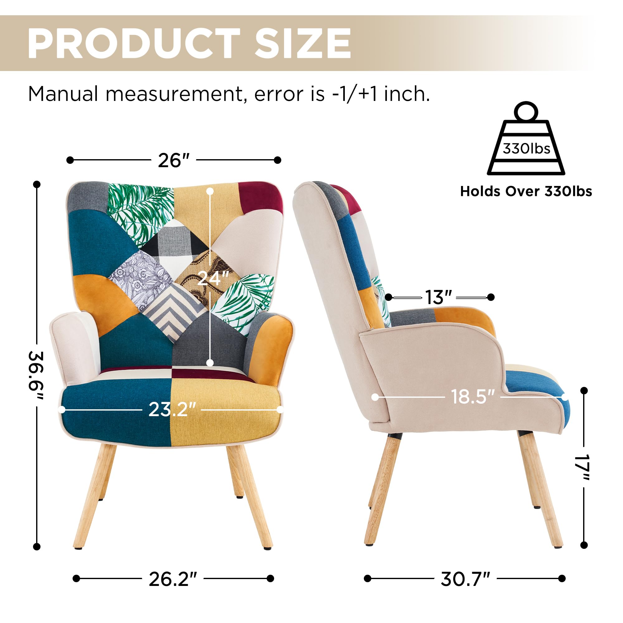 Fahomiss Accent Chair, Living Room Chair, Modern High Back Armchair, Colorful Patchwork Reading Chairs for Bedroom, Lounge Chair with Linen Fabric Shell and Solid Wood Feets (1, Colorful)