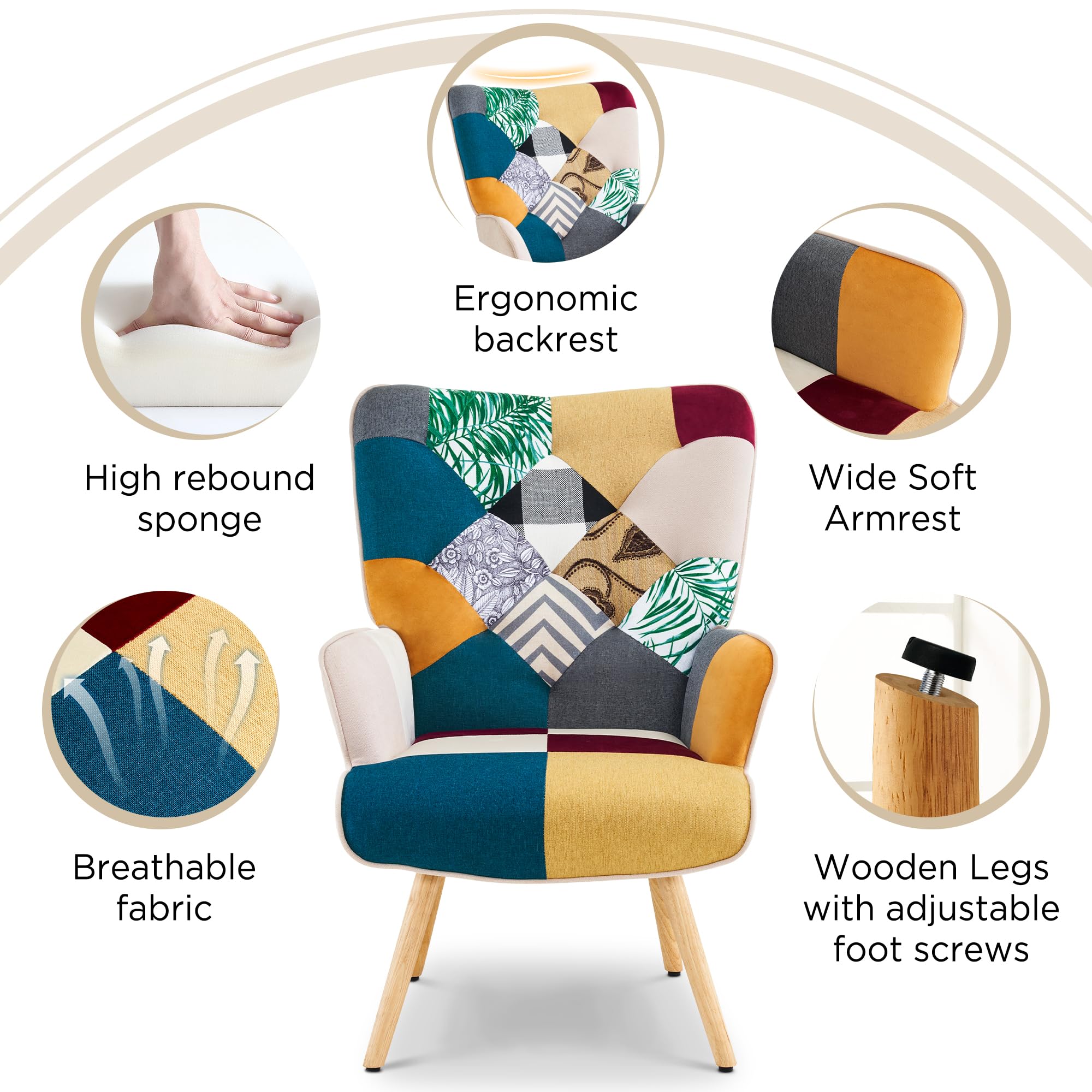 Fahomiss Accent Chair, Living Room Chair, Modern High Back Armchair, Colorful Patchwork Reading Chairs for Bedroom, Lounge Chair with Linen Fabric Shell and Solid Wood Feets (1, Colorful)