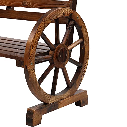 Volowoo Wooden Wagon Wheel Bench,Rustic 2-Person Wooden Seat Wagon Wheel Bench with Slatted Seat and Backrest, Brown