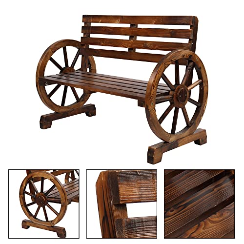 Volowoo Wooden Wagon Wheel Bench,Rustic 2-Person Wooden Seat Wagon Wheel Bench with Slatted Seat and Backrest, Brown