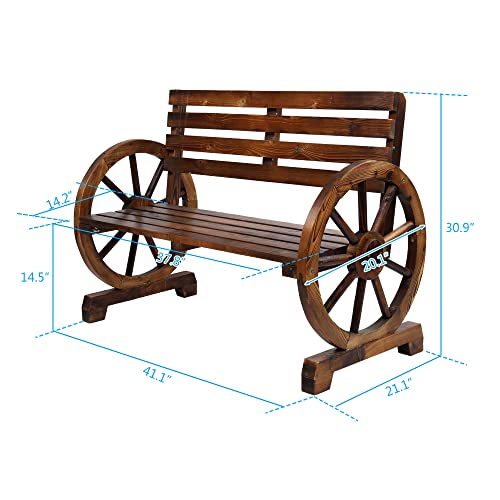 Volowoo Wooden Wagon Wheel Bench,Rustic 2-Person Wooden Seat Wagon Wheel Bench with Slatted Seat and Backrest, Brown